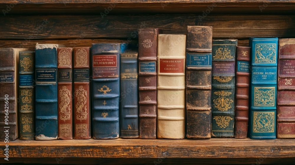 Vintage books on a wooden stand. Many of beautiful retro book covers ...