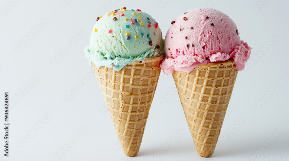 Two ice cream cones on background, featuring different flavors and ...