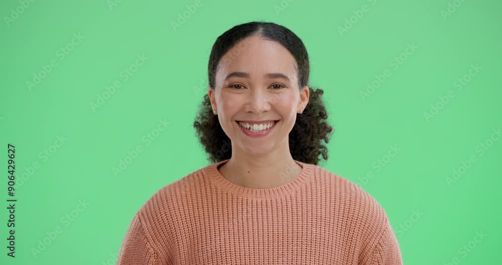 Green screen, face and woman with laugh for funny, joke and reaction to ...