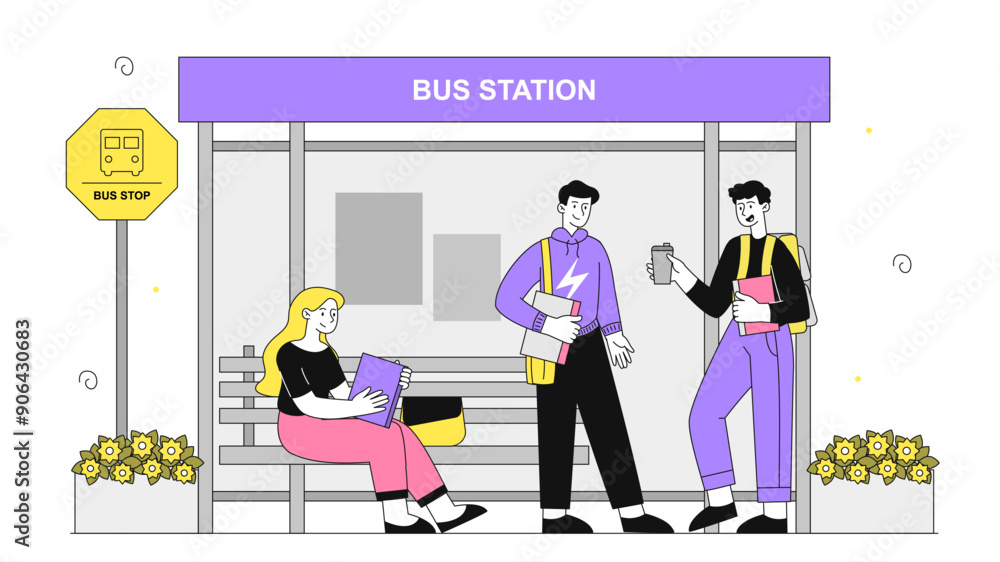 People at bus station. Man and woman sitting at bus stop and waiting ...