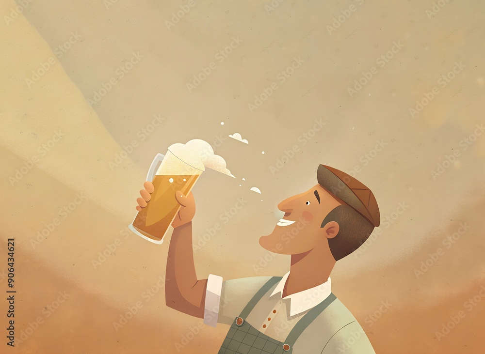 Bavarian male laborer drinking a glass of delicious foamy beer. Cartoon ...