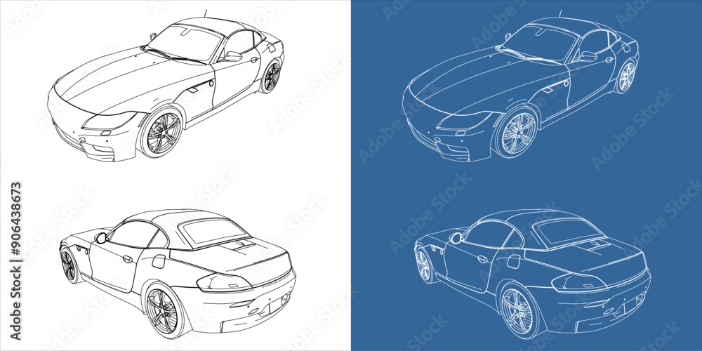 set sport car line draw blueprint from all view top corner side back ...
