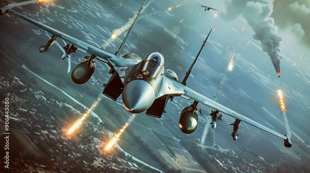 Fighter Jet In Flight With Smoke Trails And Explosions Stock Photo ...