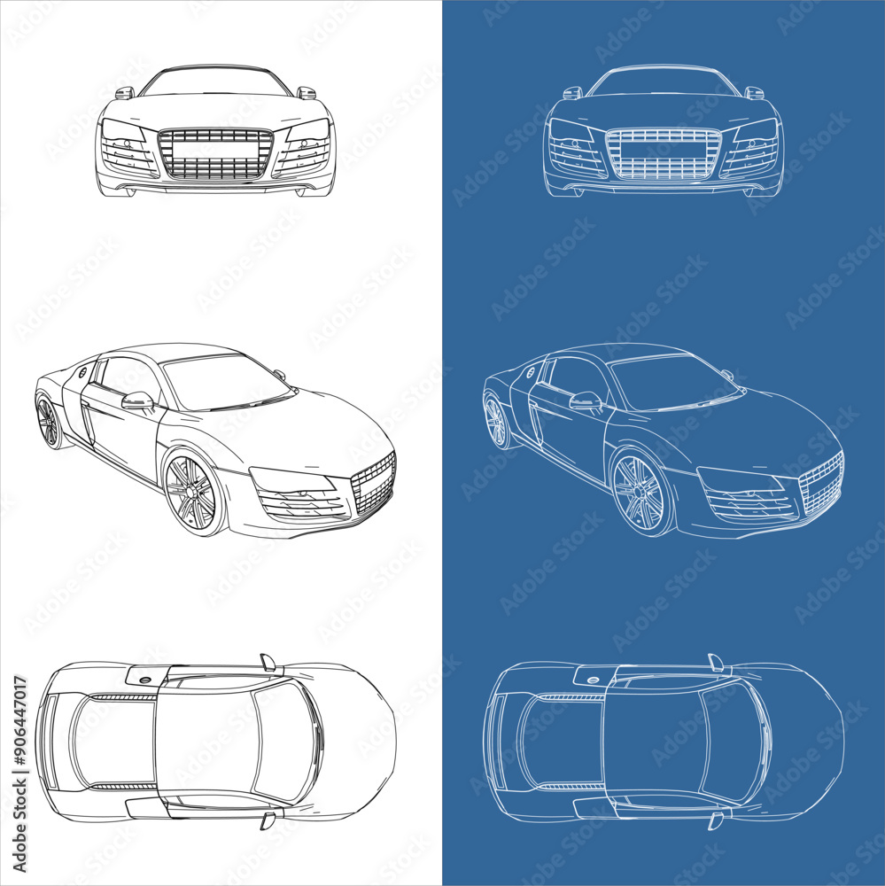 vector race car line art draw blueprint from all view top corner side ...