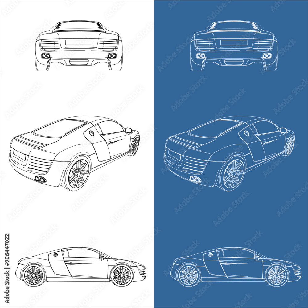 vector race car line art draw blueprint from all view top corner side ...