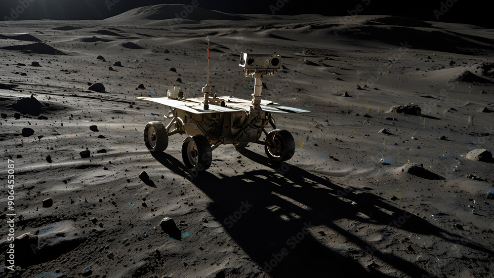 Picture a lunar rover as it leaves a winding trail of tracks across the ...