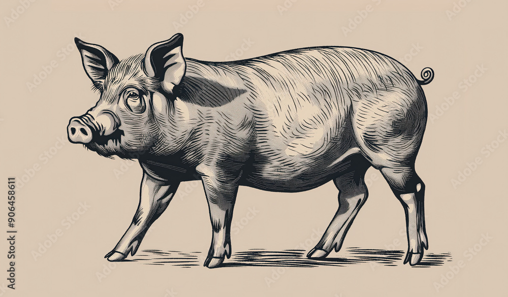 Pig, hog, boar. Vintage retro print, black white pig sketch ink pencil ...