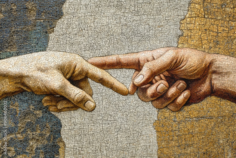 Weathered human hand pointing at a robotic arm illustrating the passing ...