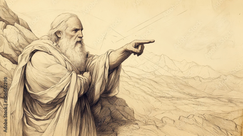 Moses Pointing to the Northern Boundary Along Mount Hor, Biblical ...