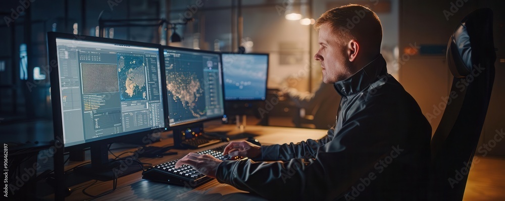 Photo realistic visually impaired person using a Braille display to ...