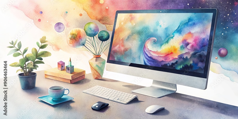 A modern computer workstation with dual monitors, graphic tablet, and ...