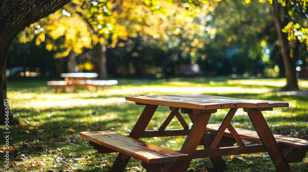 Outdoor picnic tables represent communal gathering, leisure, and ...