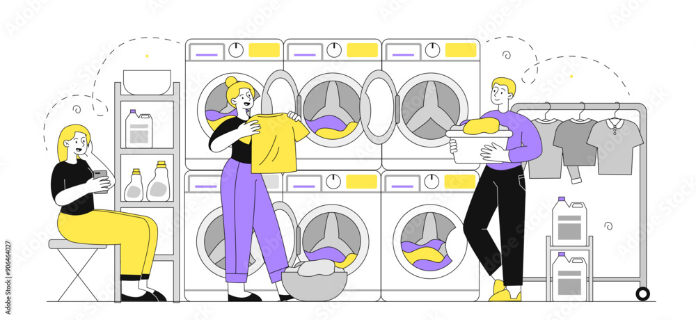 Sellf service laundry. Men and women with dirty clothes near washing ...