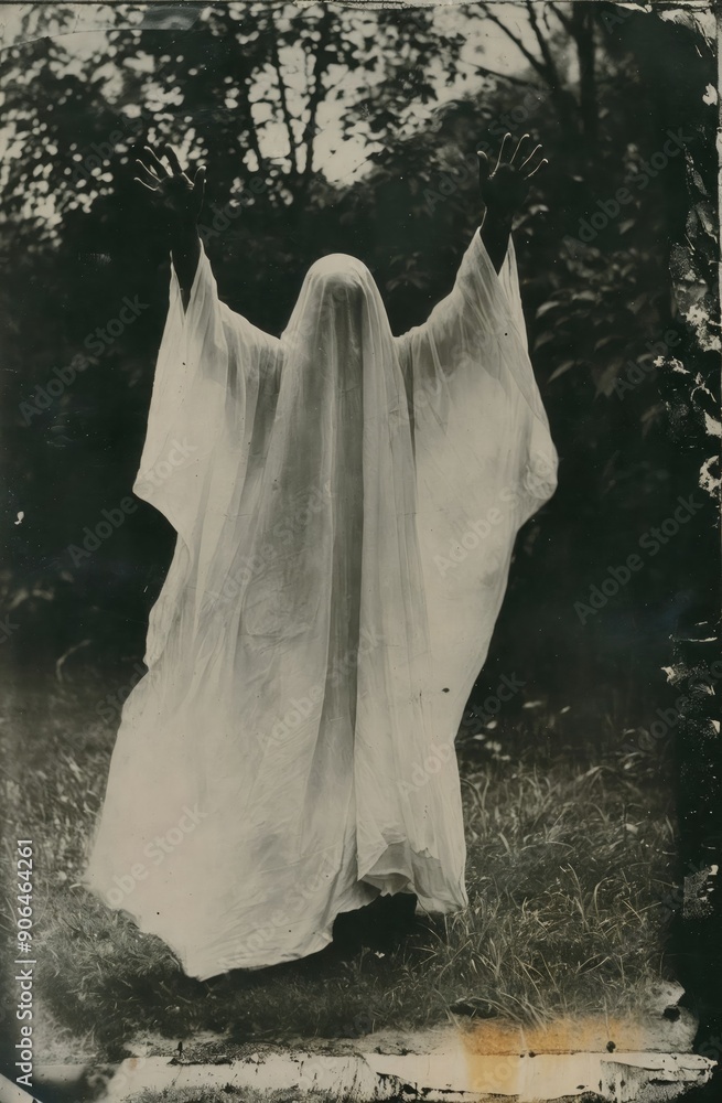 Tintype photo of an iridescent ghostly goddess in white robes, full ...