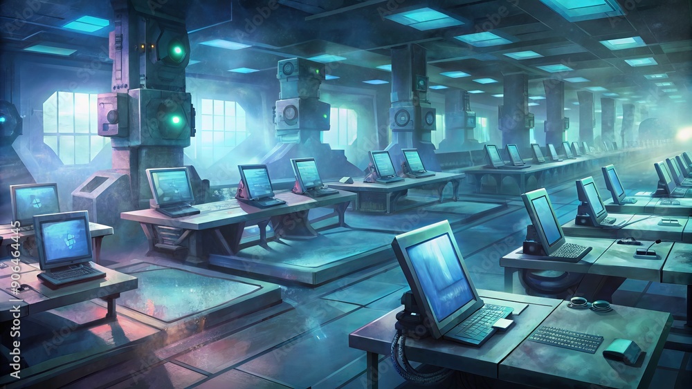 High Tech Lab Setup With Rows Of Laptops And Futuristic Equipment Dimly Lit Simulating Intense