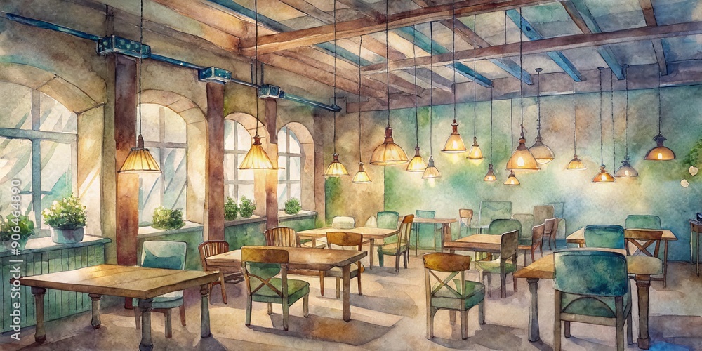 Cozy café interior with rustic wooden tables, vintage decor, and warm lighting, evoking a sense ...