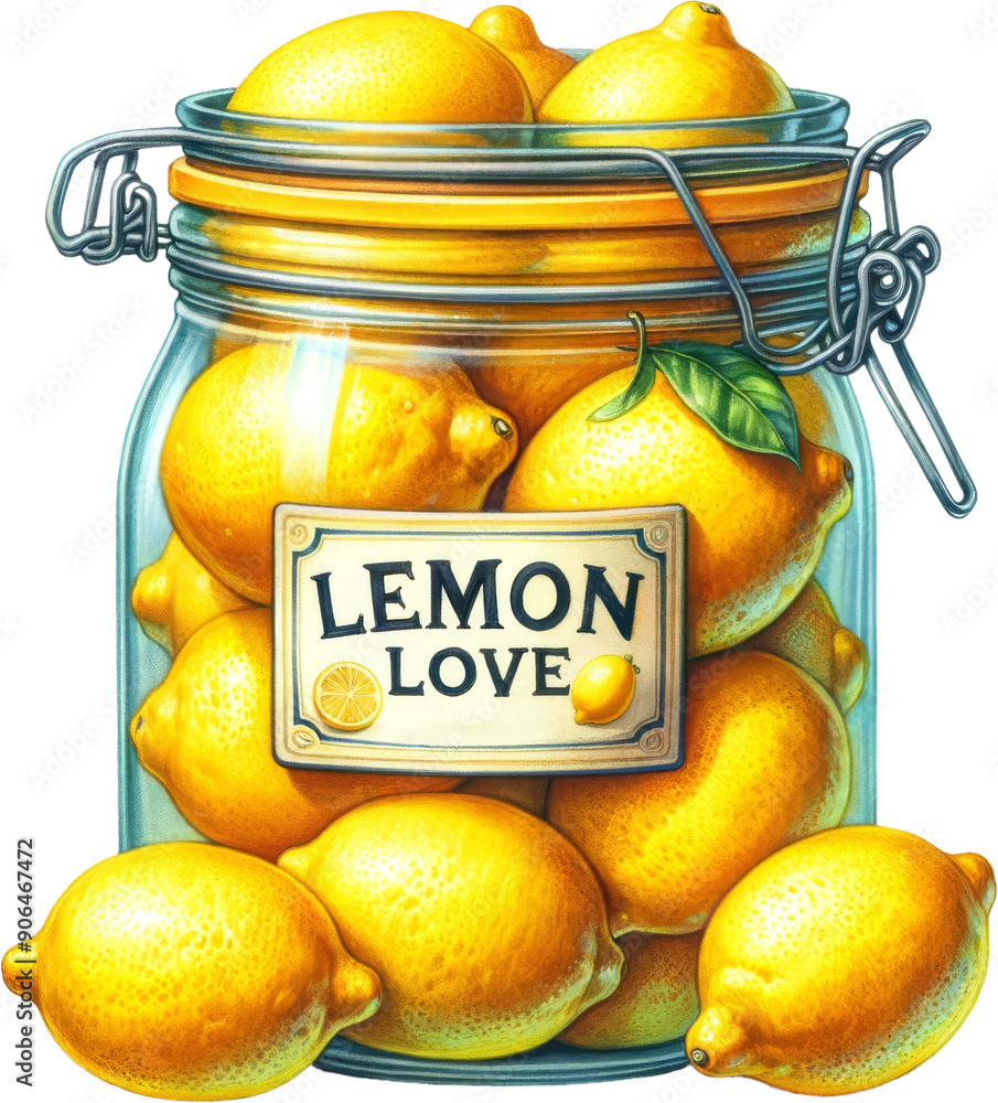 A jar full of lemons with a label that says "Lemon Love". The lemons ...