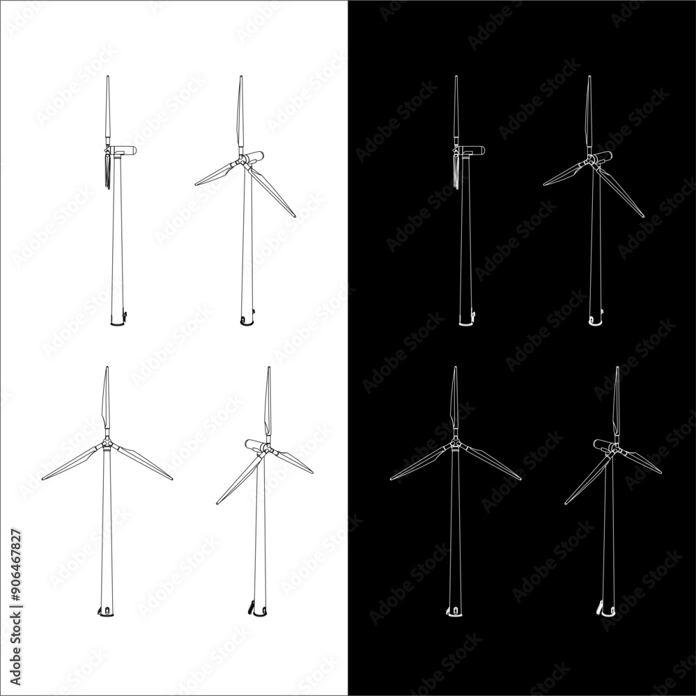 set wind turbine or windmill blueprint. line drawing of wind farm ...