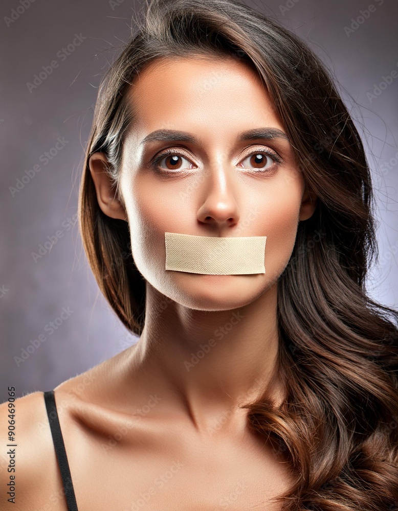 Beautiful young woman with adhesive tape over her mouth, abused ...