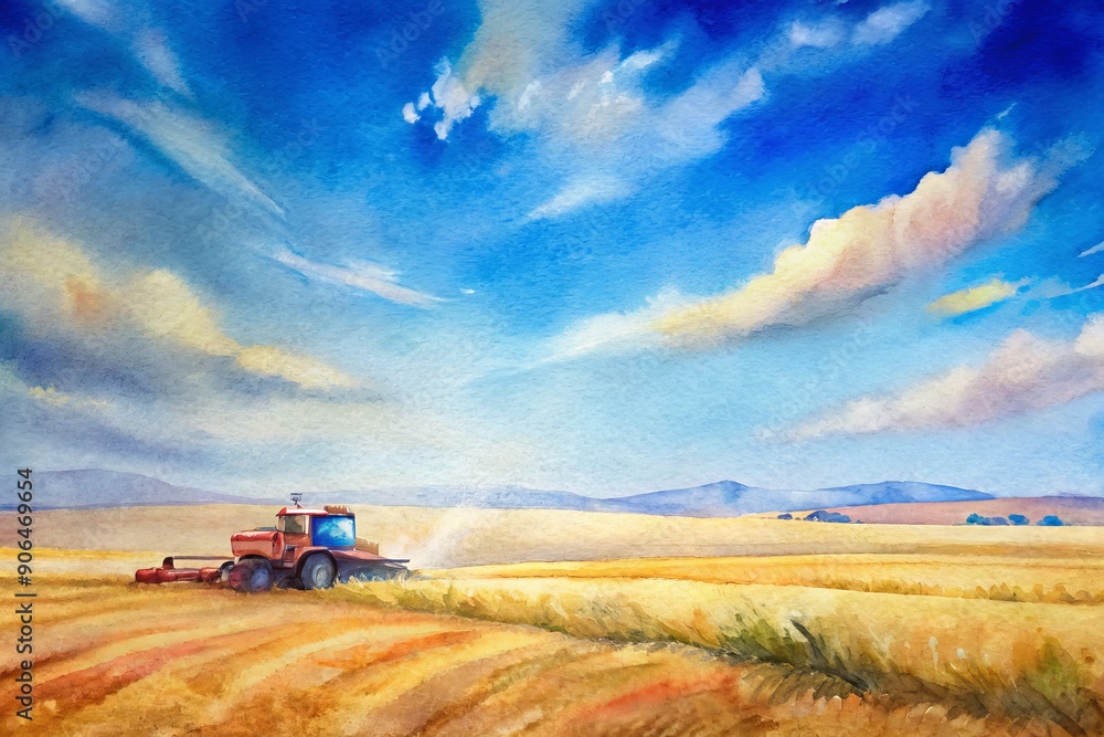 Vast open field stretches beneath a brilliant blue sky as a tractor drives across, pulling a ...