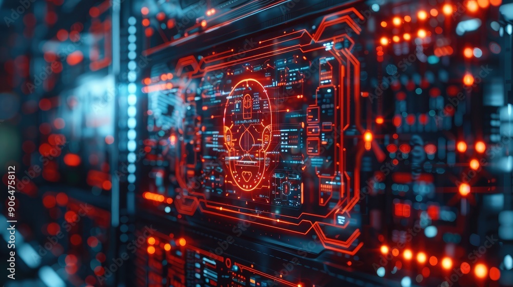 A cybersecurity alert with a red warning sign and critical threat ...