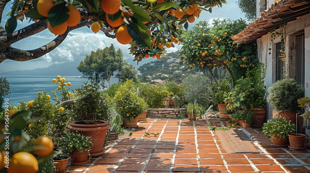 Beach-adjacent garden with terracotta tiles and potted lemon trees ...