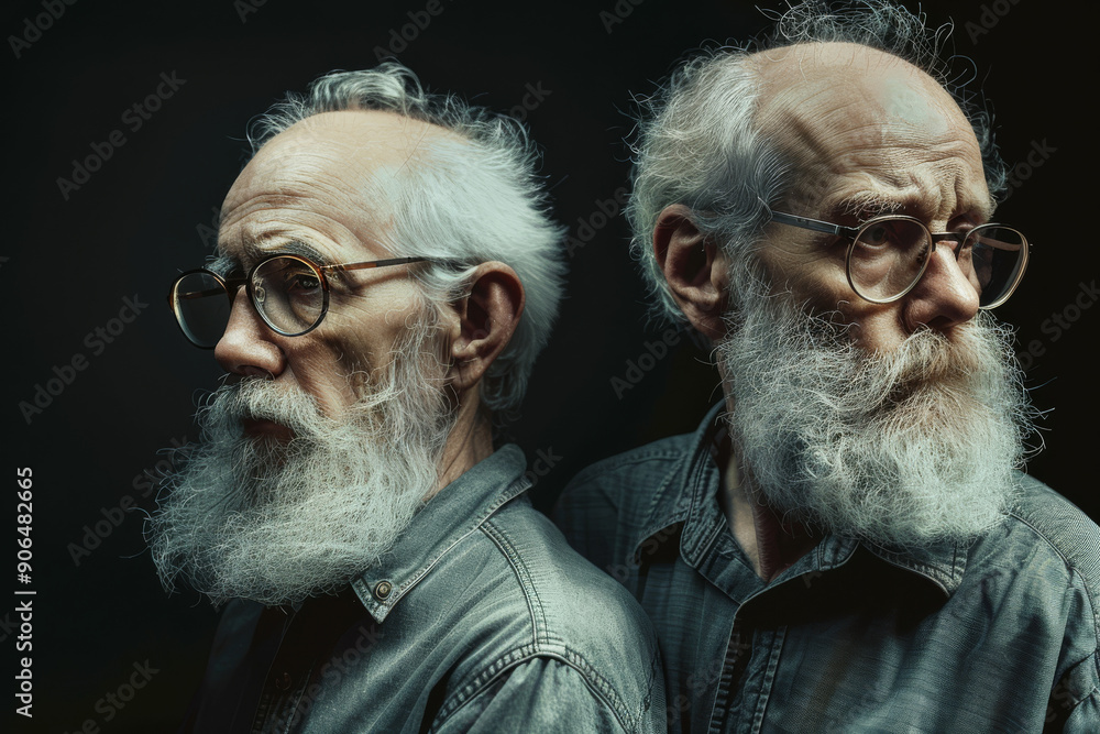 A double portrait of two elder men with white beards and glasses, back ...