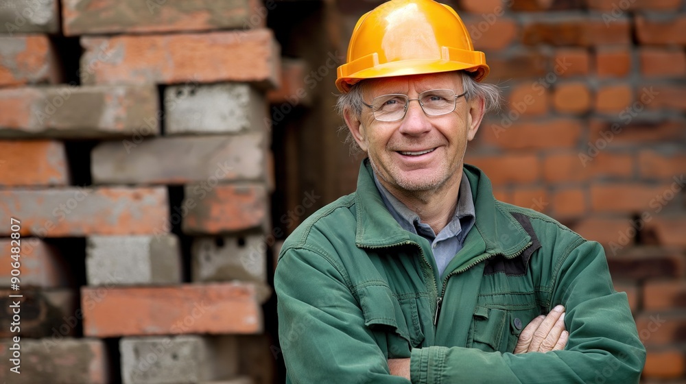 A cheerful elderly construction worker, wearing a hard hat, stands ...