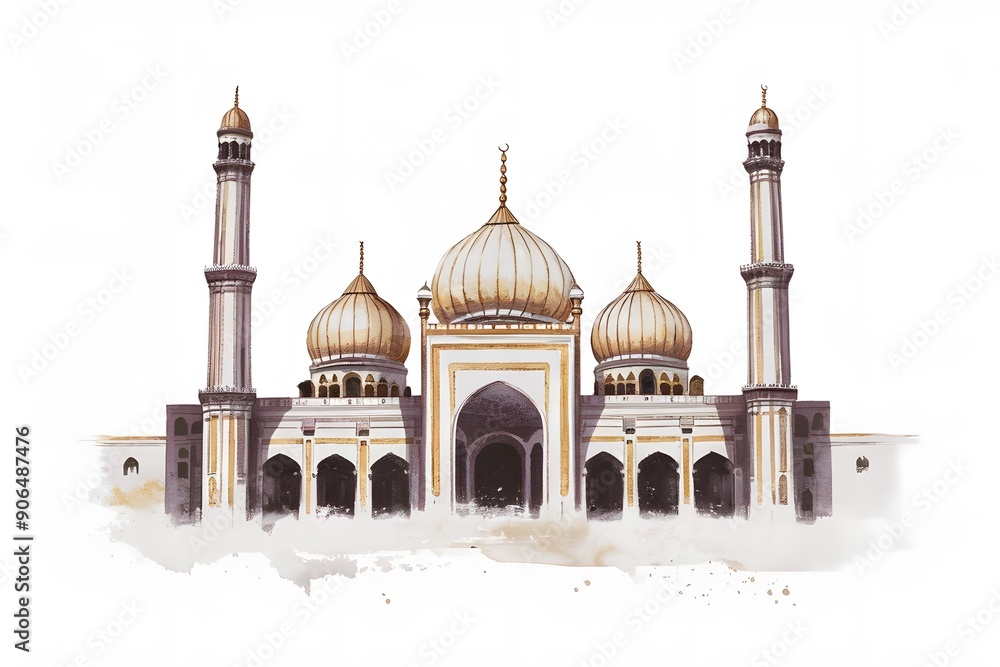 Black and white ink sketch of a grand mosque with multiple minarets and ...