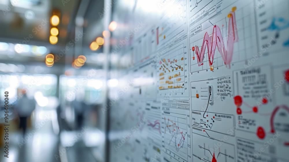 Whiteboard in office covered with diagrams, notes, and graphs suggests ...