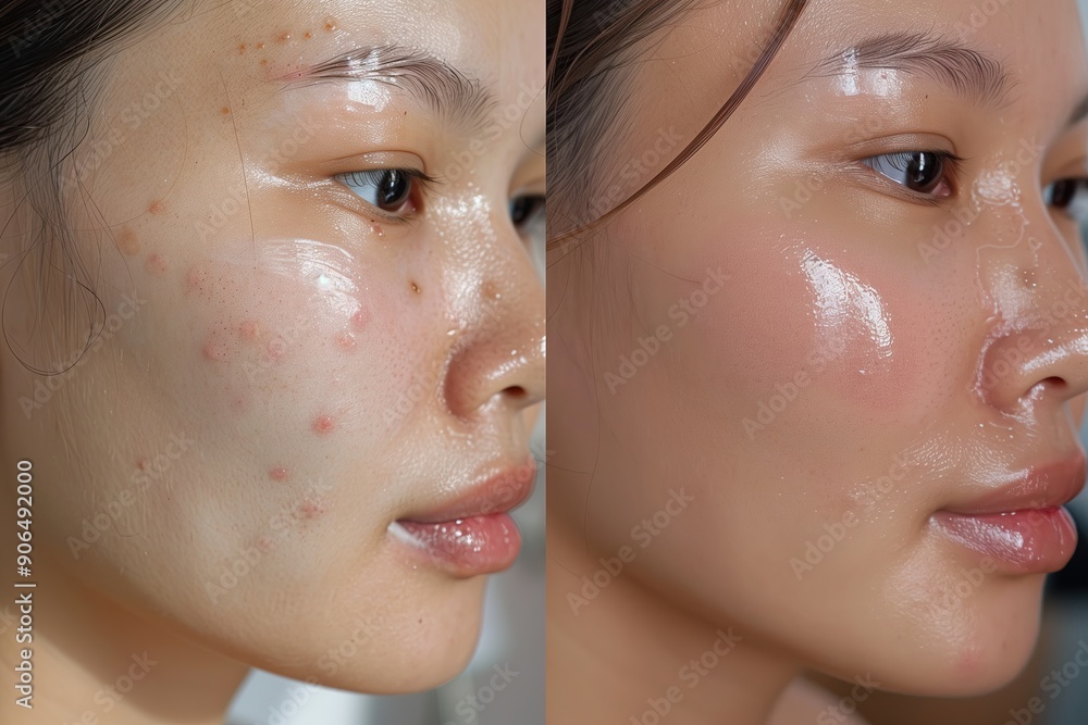 Before and after. Progress in acne treatment. Young Asian woman ...
