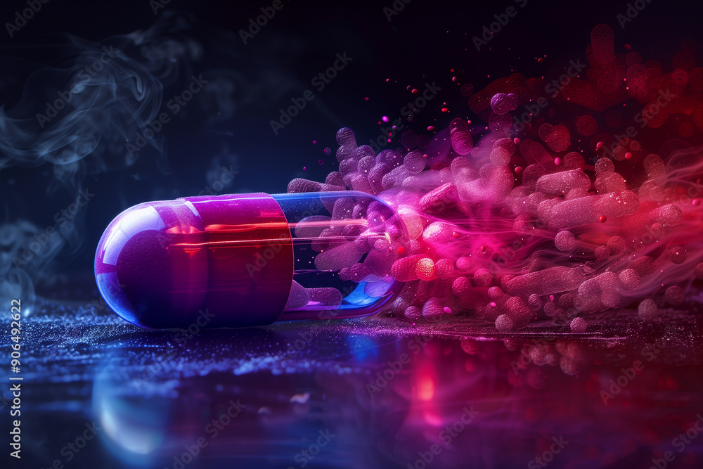 Red and purple pill capsules with liquid explosion around them on black ...