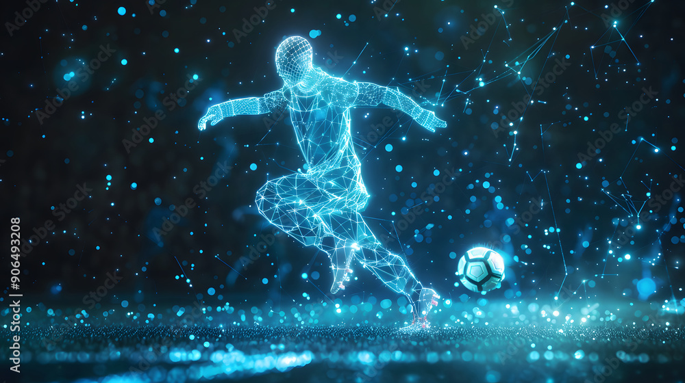 Blue digital soccer player with glowing data, artificial intelligence ...