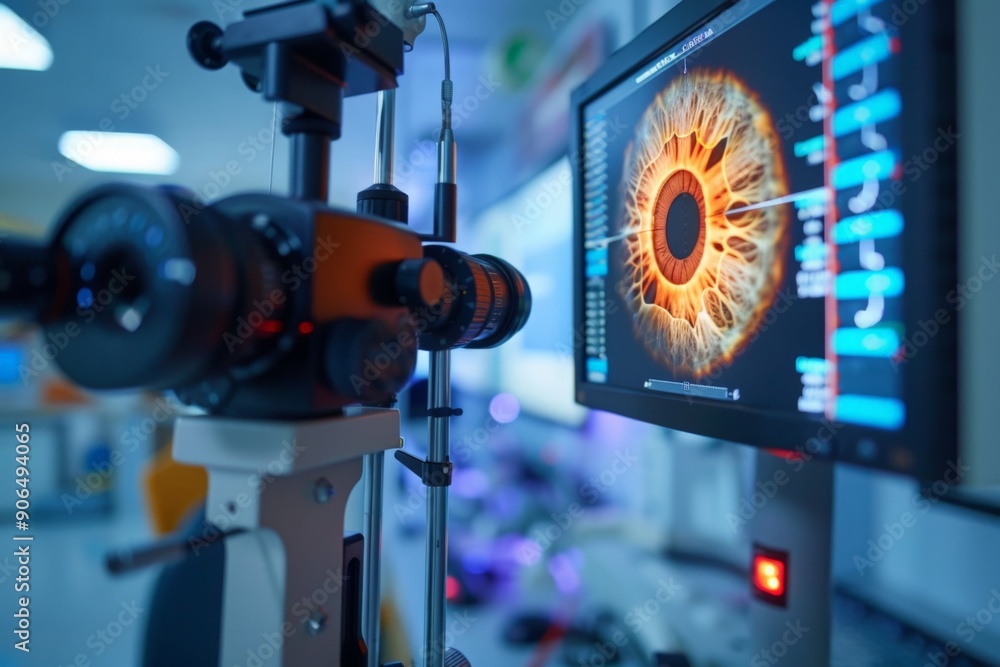 Close-up of an eye examination machine with a computer screen ...