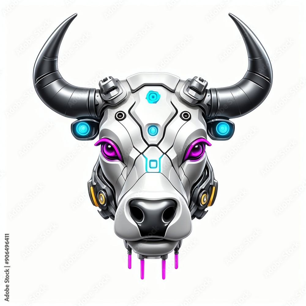 cyberpunk robotic cow head 3d art logo in plain white background design ...