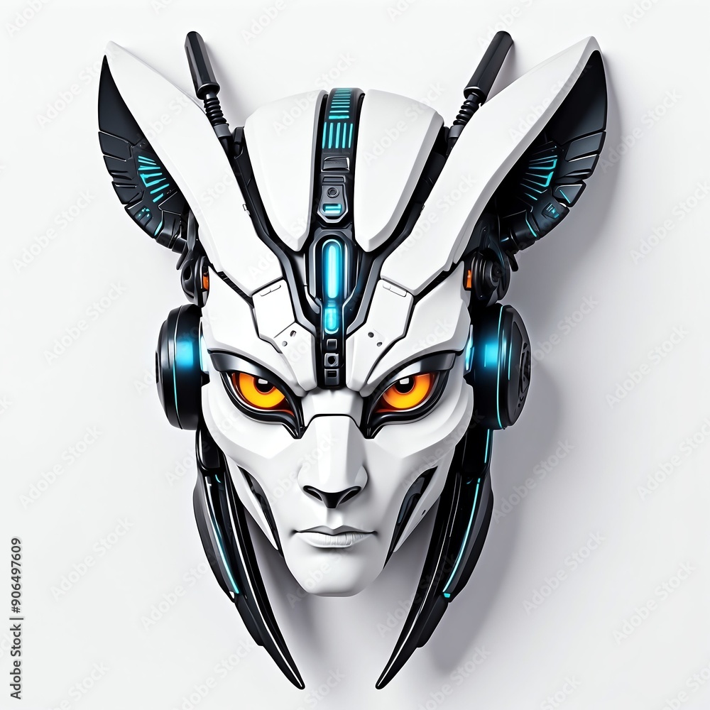 cyberpunk robotic sphinx head 3d art logo in plain white background ...