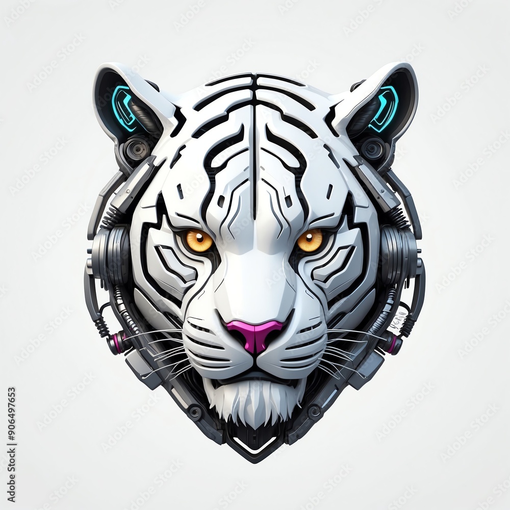 cyberpunk robotic tiger head 3d art logo in plain white background ...