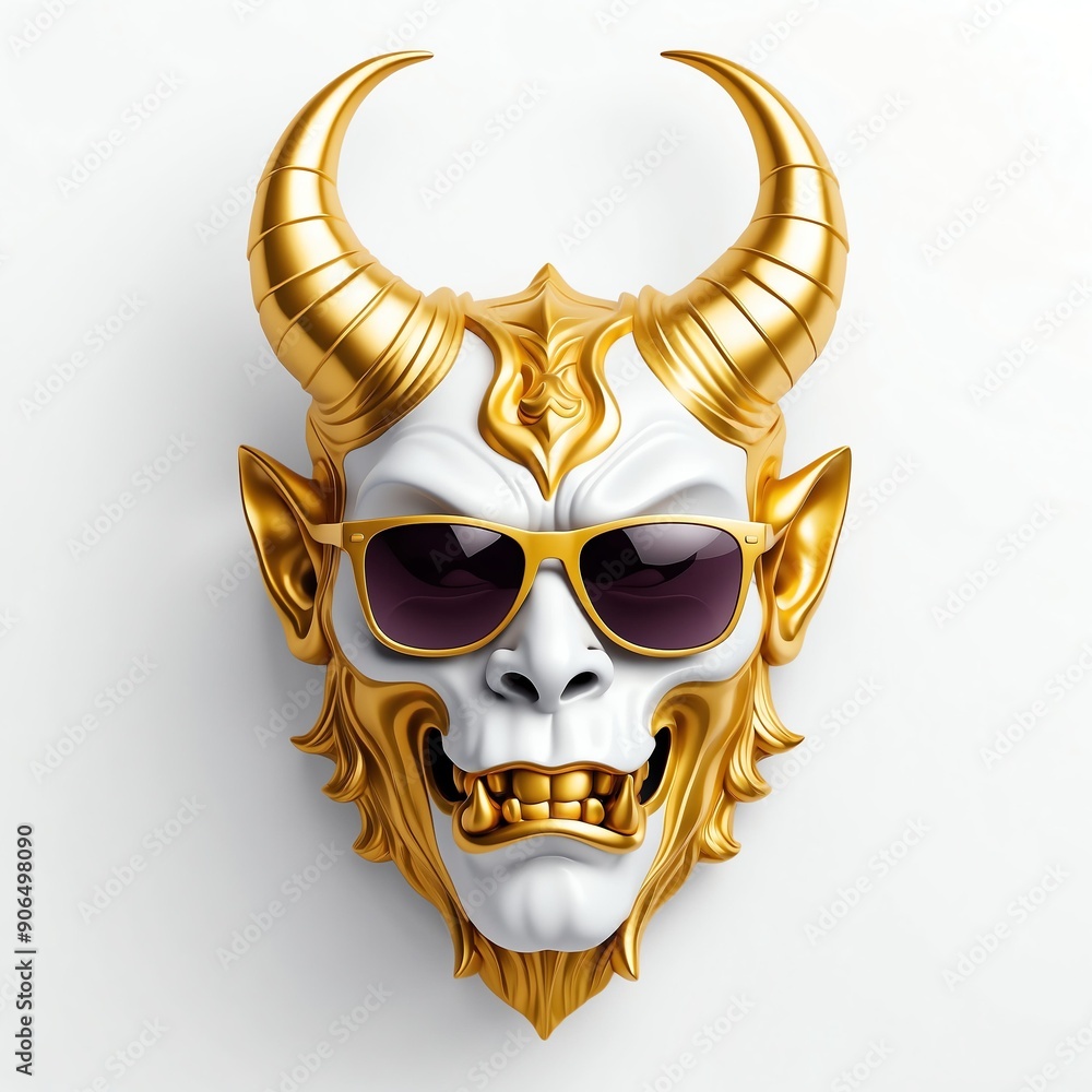 gold devil head statue with sunglasses 3d art logo in plain white ...