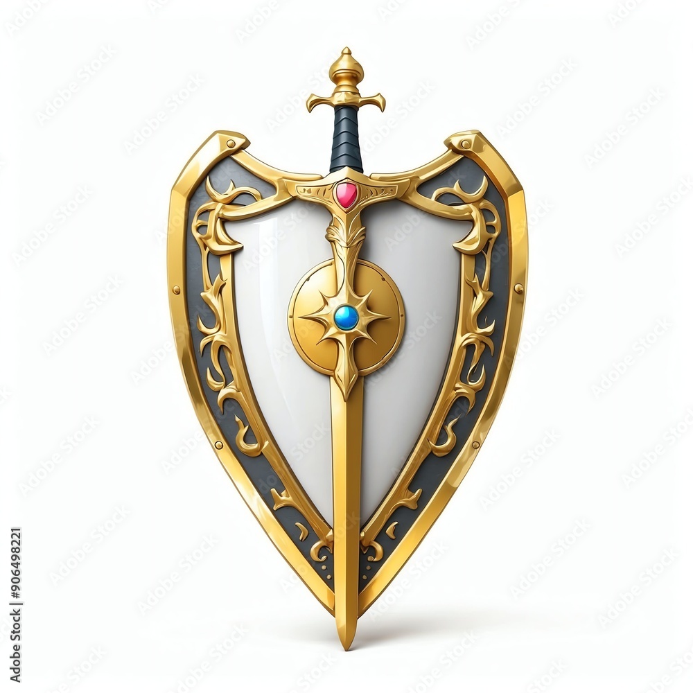 gold sword and shield 3d art logo in plain white background design ...