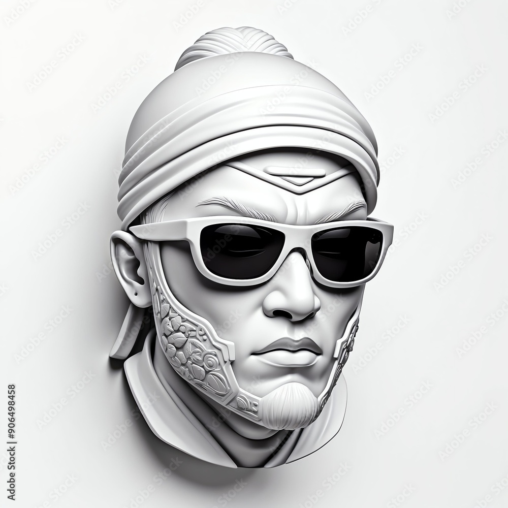 ninja head statue with sunglasses 3d art logo in plain white background ...