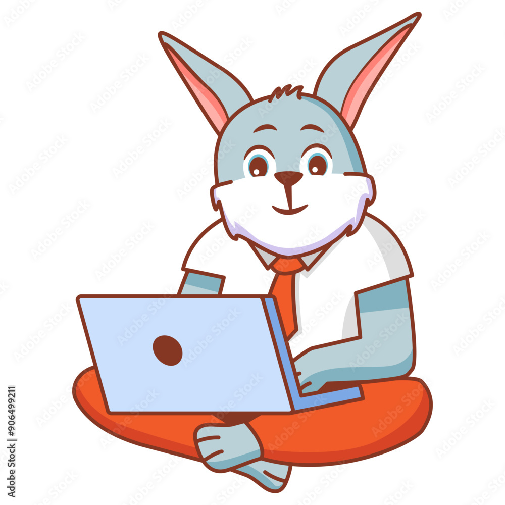 Student rabbit working on the laptop computer.Study online animal hare ...