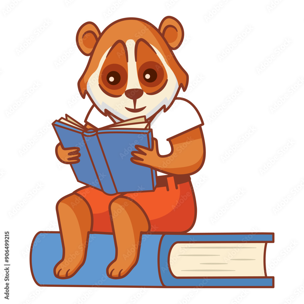 Cute lori animal student reading while sitting on big books library ...