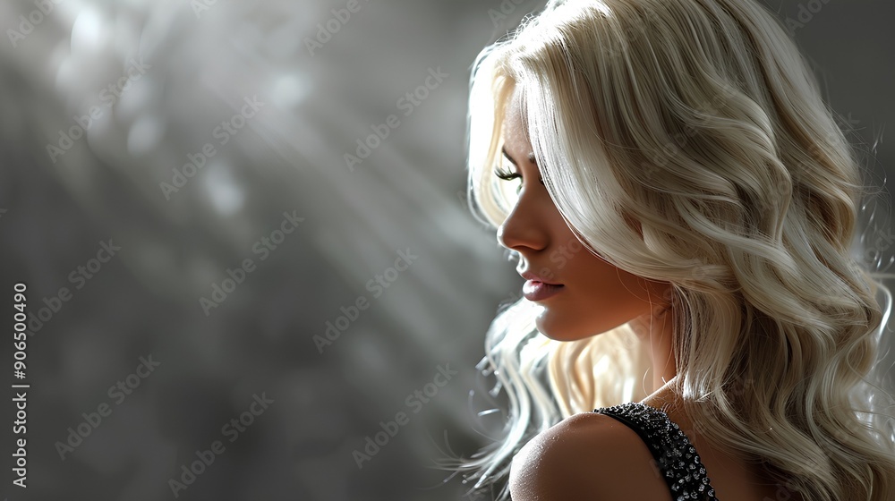A beautiful blonde woman in her thirties, side profile, wearing black ...