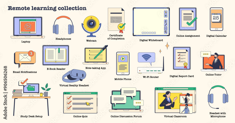 Remote learning and online education tiny person neubrutalism ...