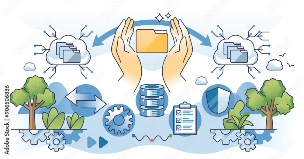 Data migration management and storage archive file upload outline concept. Transfer backup ...