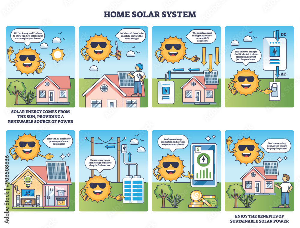 Home solar power system installation and principle in comic style ...