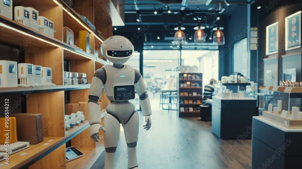 Futuristic robot in a modern tech store, showcasing advanced technology ...