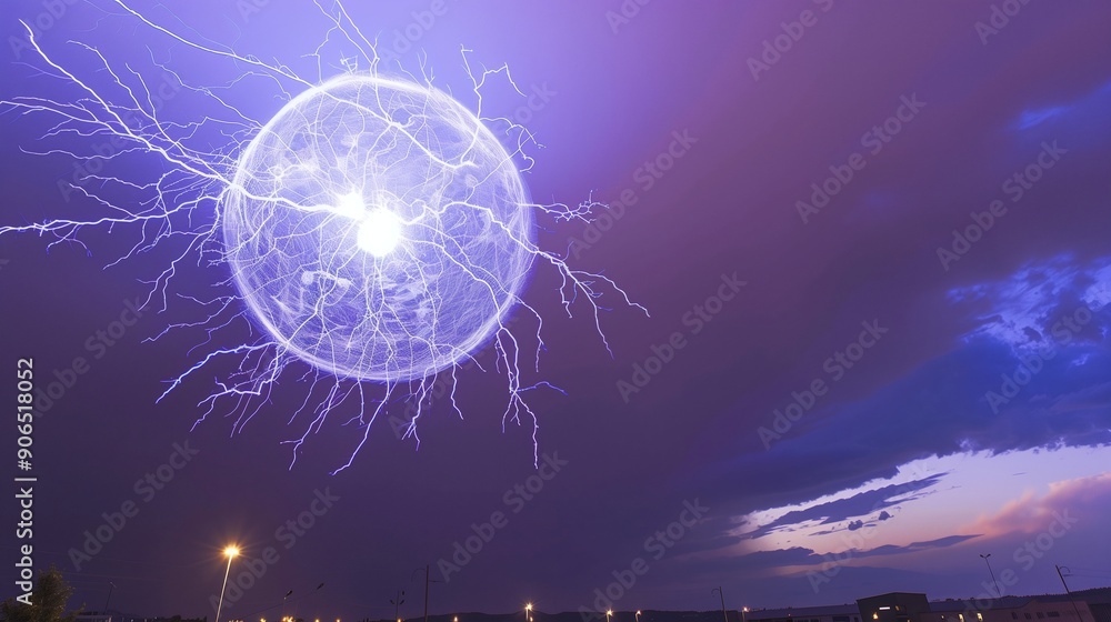 Ball lightning phenomenon above city at night with purple sky, showcasing a rare and mysterious ...