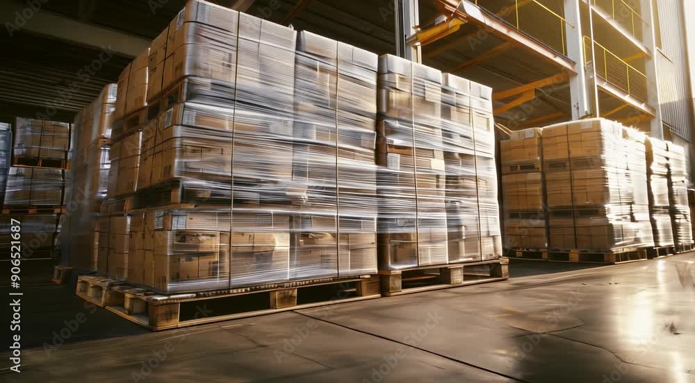Stacked pallets with wrapped cardboard boxes in an industrial warehouse ...