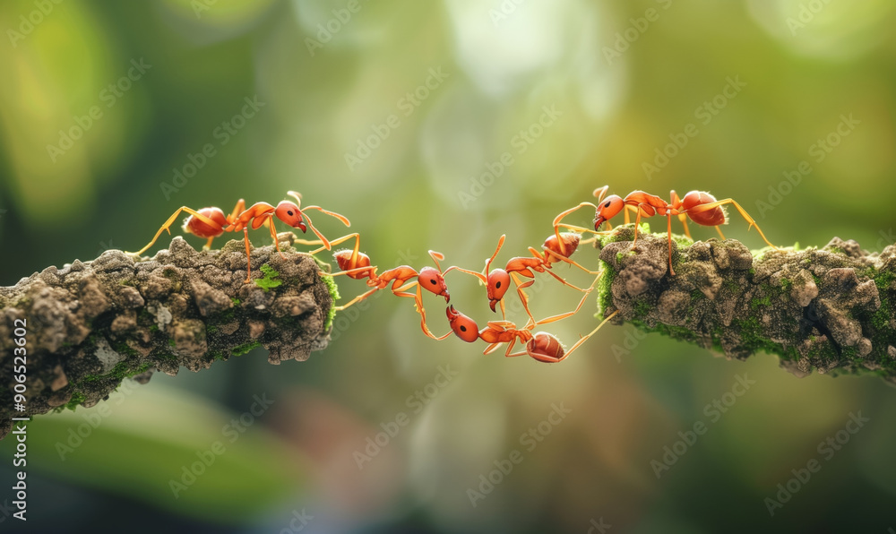 Close-up view of red ants forming a bridge between moss-covered ...